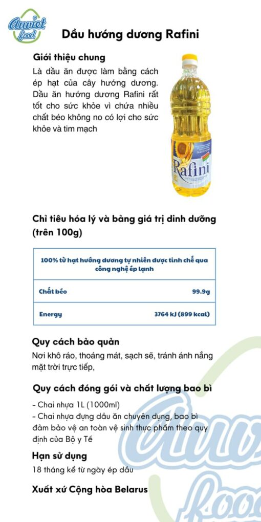 Dầu ăn hướng dương Rafini 1L - CÔNG TY CP XNK&CHẾ BIẾN THỰC PHẨM ÂU VIỆT